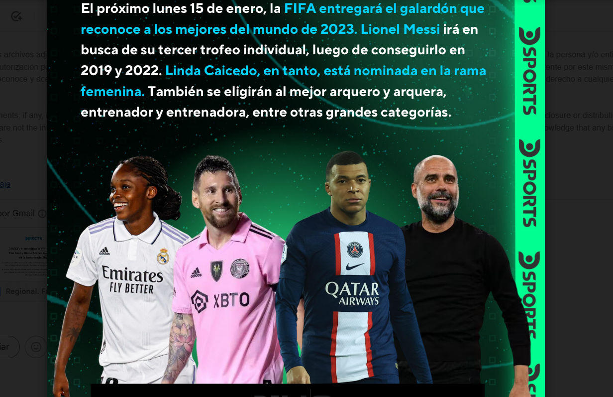 Premio al mejor jugador de la FIFA 2023 lo transmitirá DirecTV Sports - Ruta Noticias